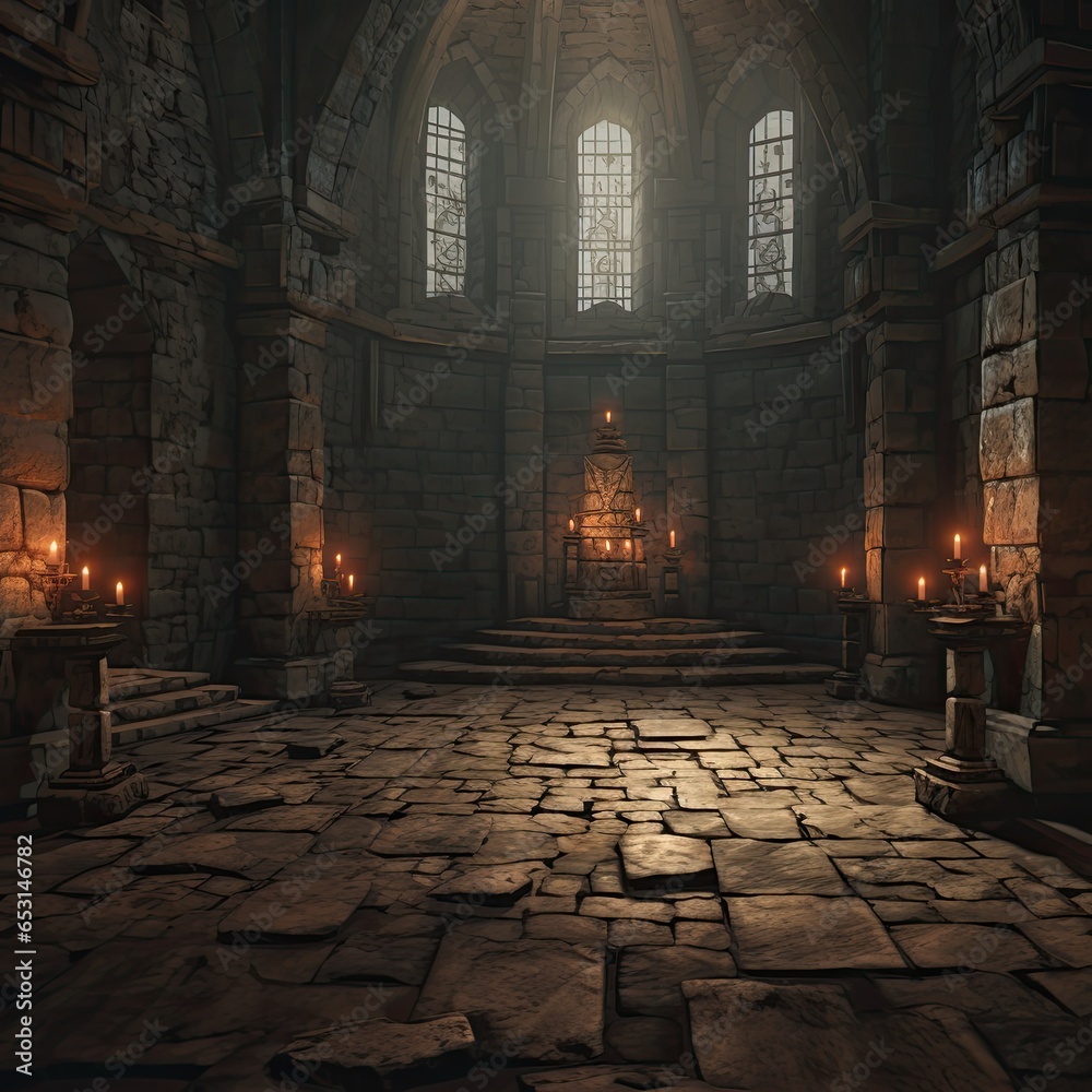 An illustration of the candles inside of a stone castle hall ...