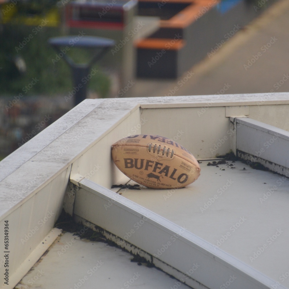Lost Aussie rules football on a flat roof Stock-Foto | Adobe Stock