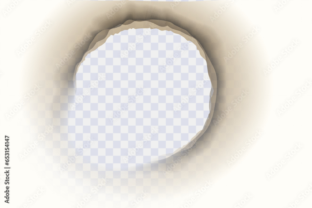 Hole in paper with burnt edges. Burnt paper edges effect with black ash ...