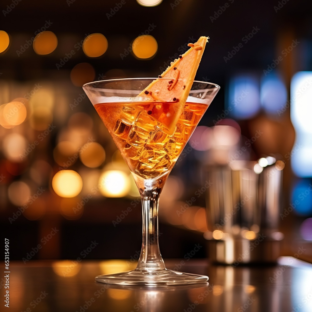 Refreshing multifruit alcoholic drink standing in a night club. Glass ...