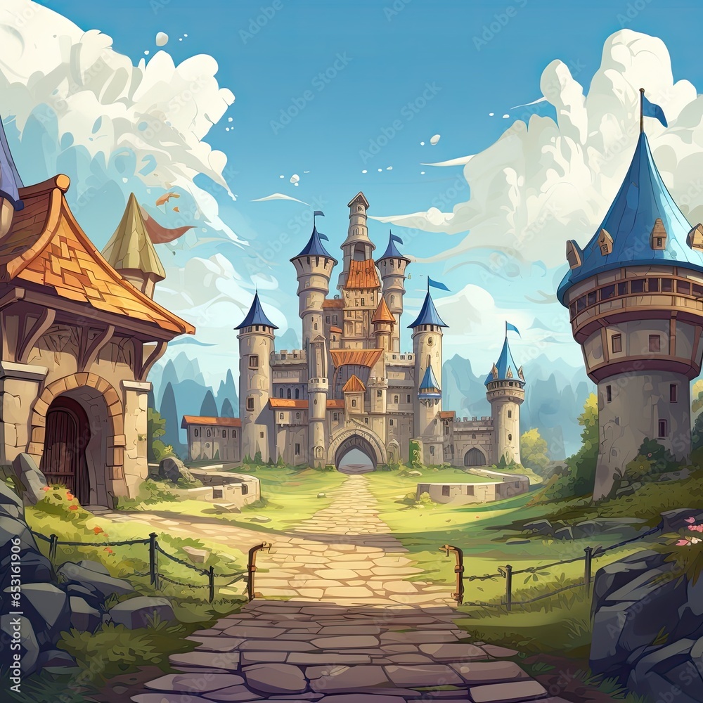 An illustration of an imaginary fantasy world. Kingdom. Cartoon castle ...