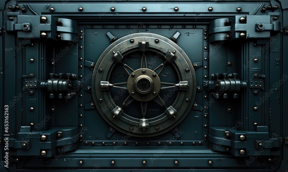 Closed door of old security safe box. Front view of bank vault door ...