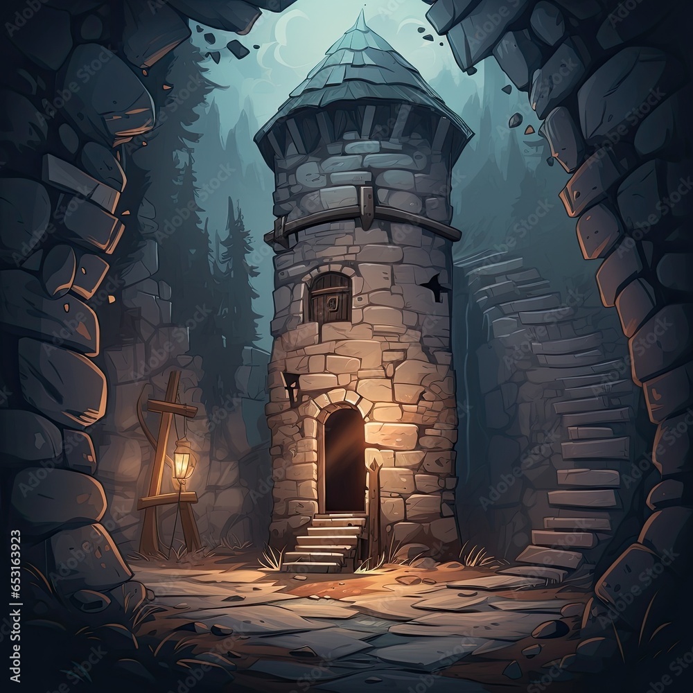 An illustration of a fantasy game scene. An old stone tower from a ...