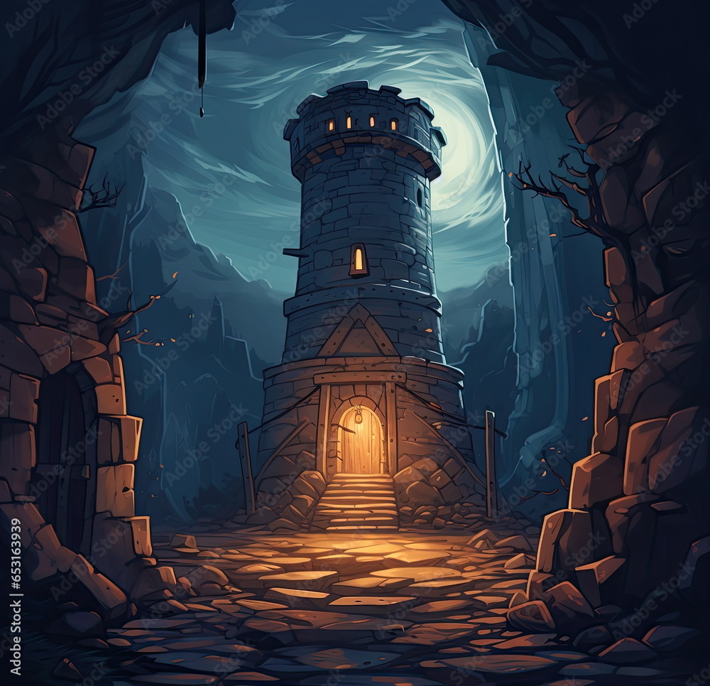 AI art. AI illustration of a spooky tower at night. Halloween scene art ...