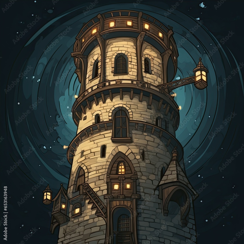 An illustration of a brick old tower at night. Cartoon tower. Game ...