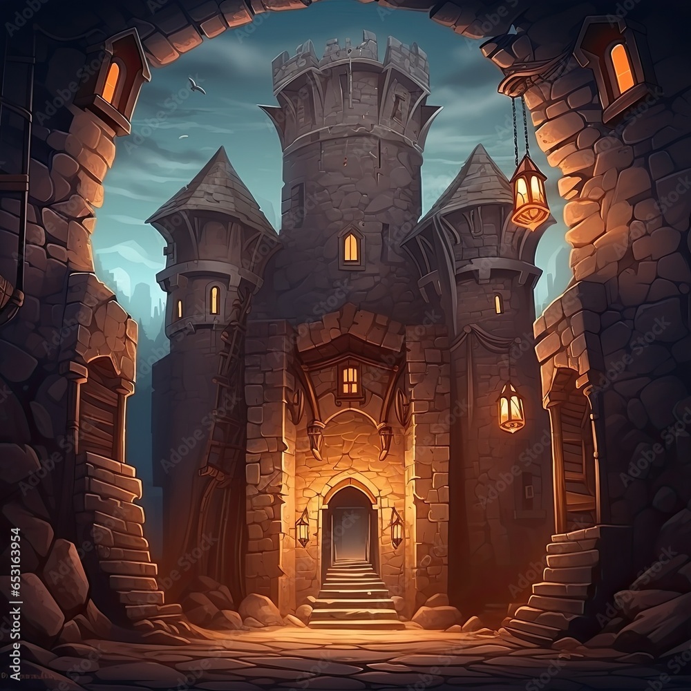 An illustration of a medieval castle with dim lights at night. Stone ...