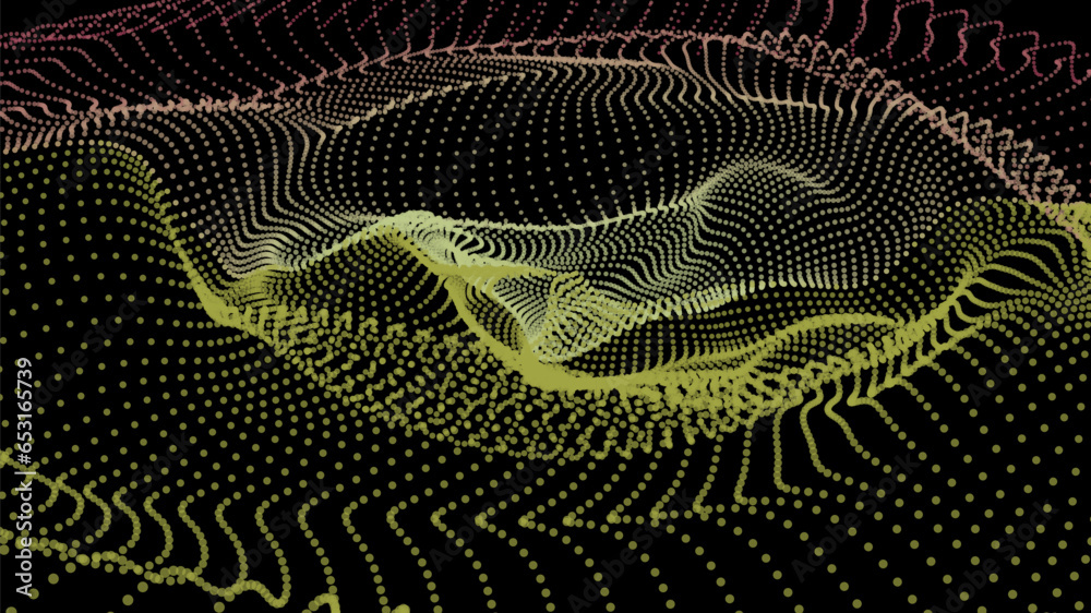 Energy net flows. Dot particle lines penetrating fog. Neon lights ...