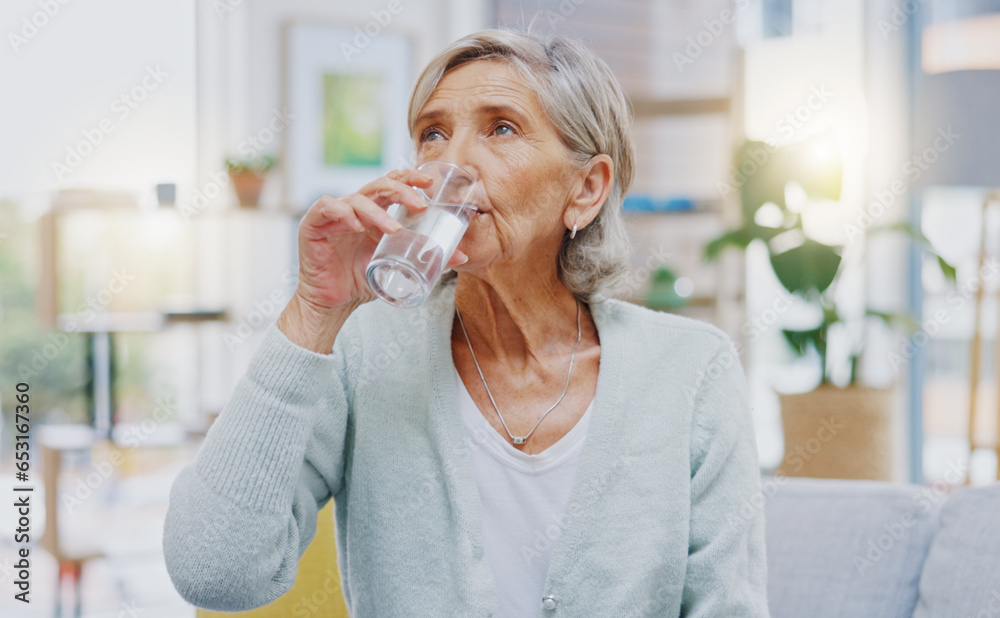 Wellness, home or healthy old woman drinking water for healthcare or ...
