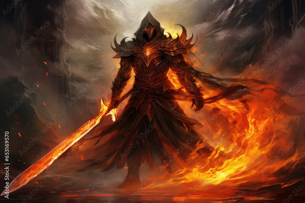 Fantasy demon warrior with sword in fire. 3D illustration, Encounter ...
