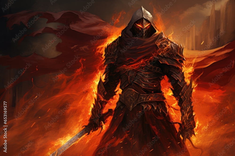 Warrior with sword and helmet on fire background. 3d illustration ...