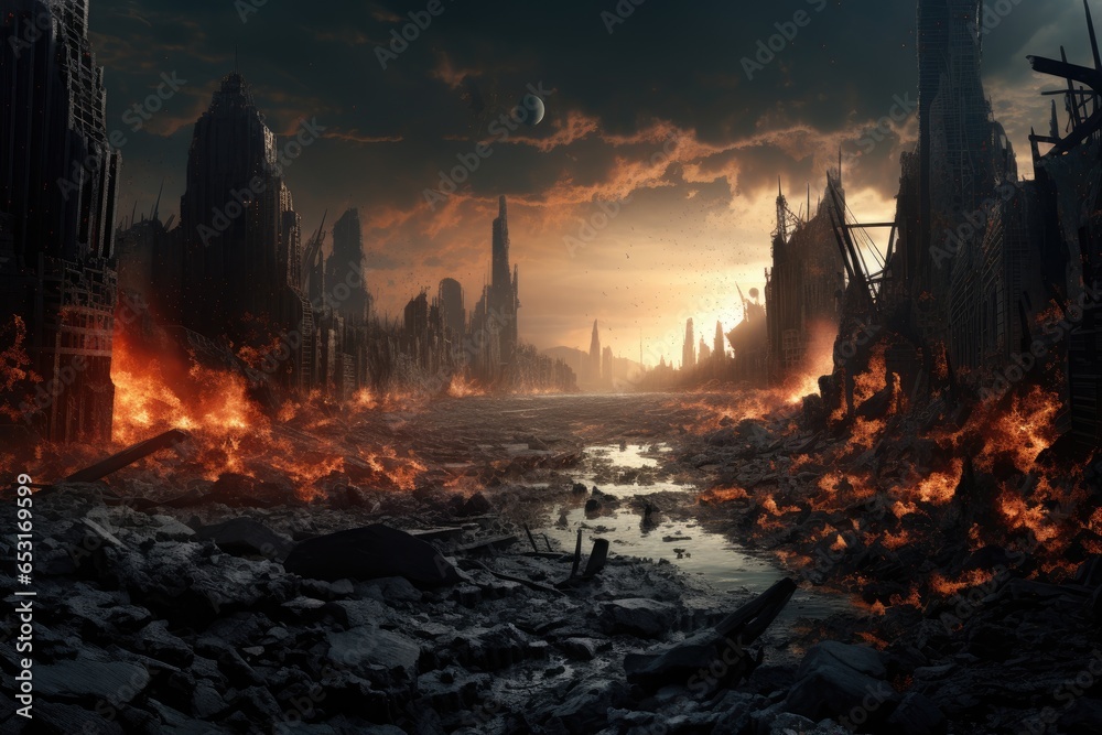 Fantasy landscape with fire and destroyed city. 3D illustration ...