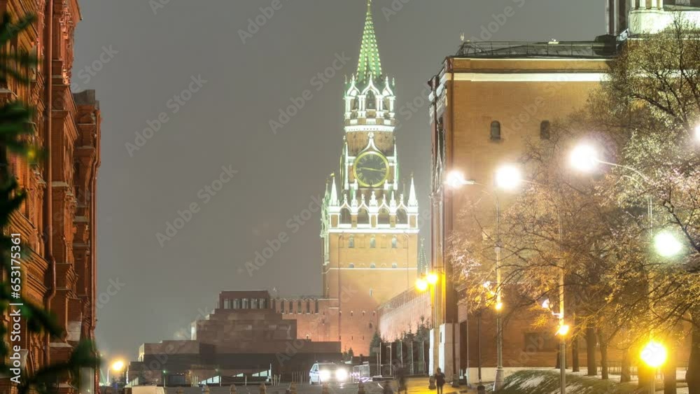 Illuminated in the winter night, the iconic Spasskaya Tower of Moscow's ...