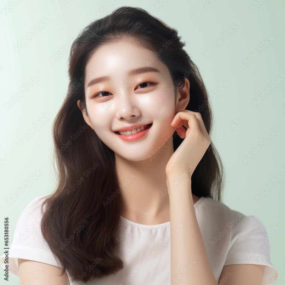 smiling korean model gently touching her cheek, posed against a light ...