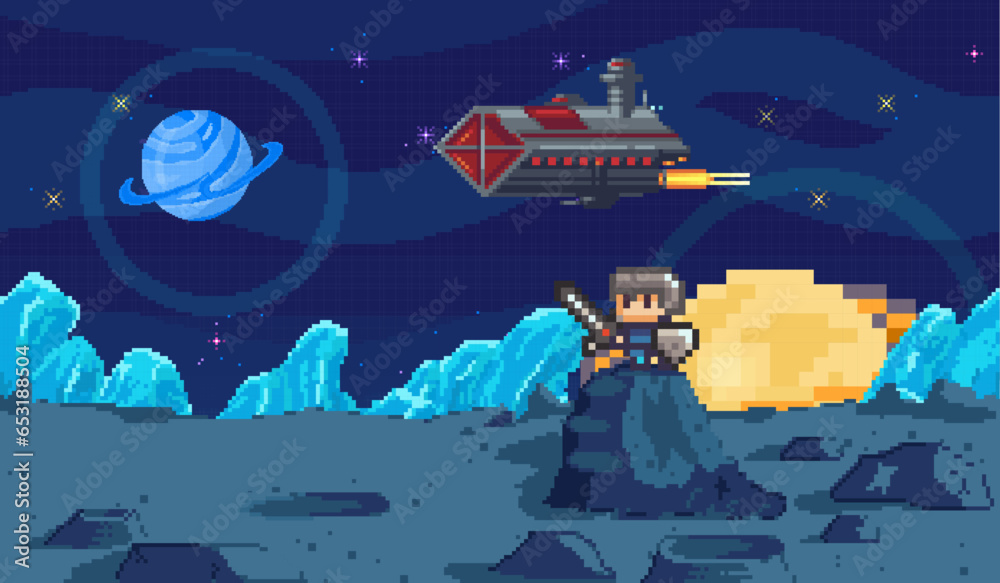 Space exploration illustration, fantasy alien landscape. Cartoon pixel ...