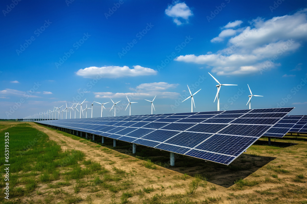 Solar panels and wind turbines generating clean energy, showcasing ...