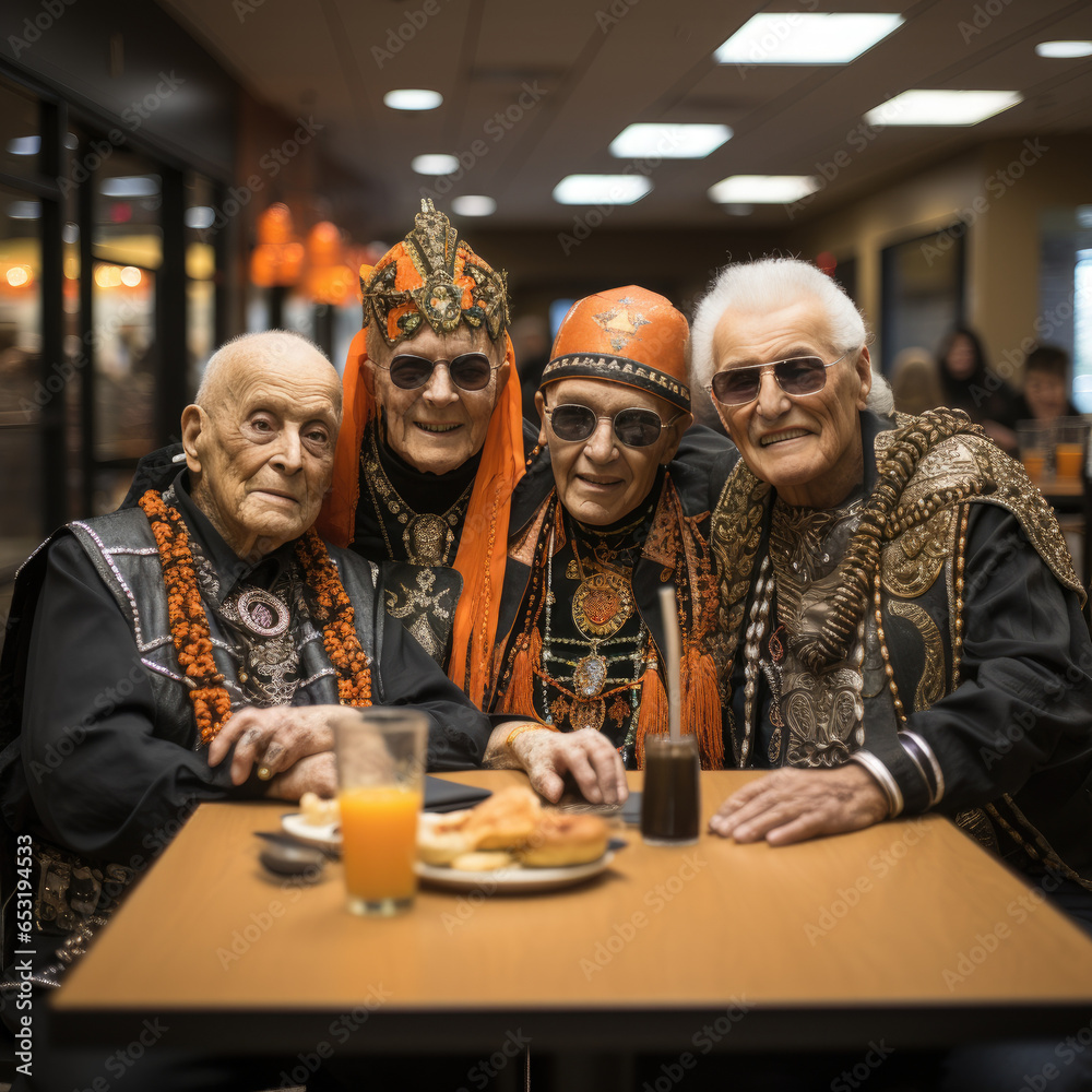 Four happy smiling old men celebrate halloween in festive clothes ...