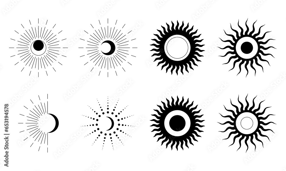 Circle pattern set with clouds, moon, sun, stars. The sun, moon phases ...