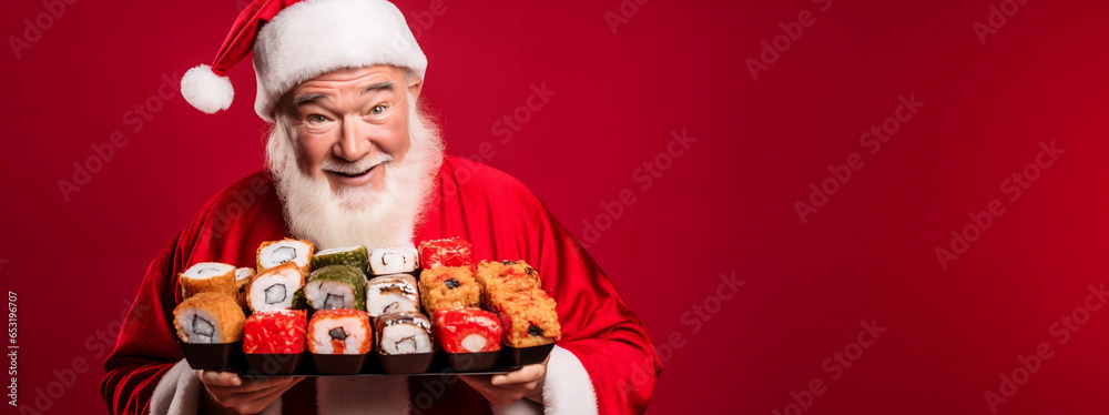 Happy smilling Santa Claus with sushi in the hand at the red background ...