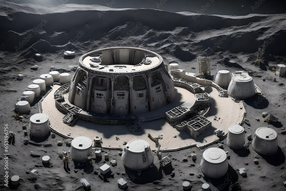 A 3D-printed lunar base under construction on the moon's surface. Stock ...