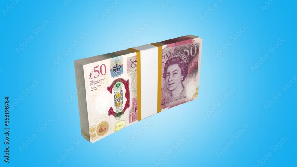 3D Animation of a single bundle of 50 British pound sterling notes ...