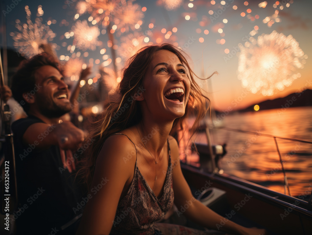 Laughing 30s couple celebrate holiday in the boat, seated in vessel ...