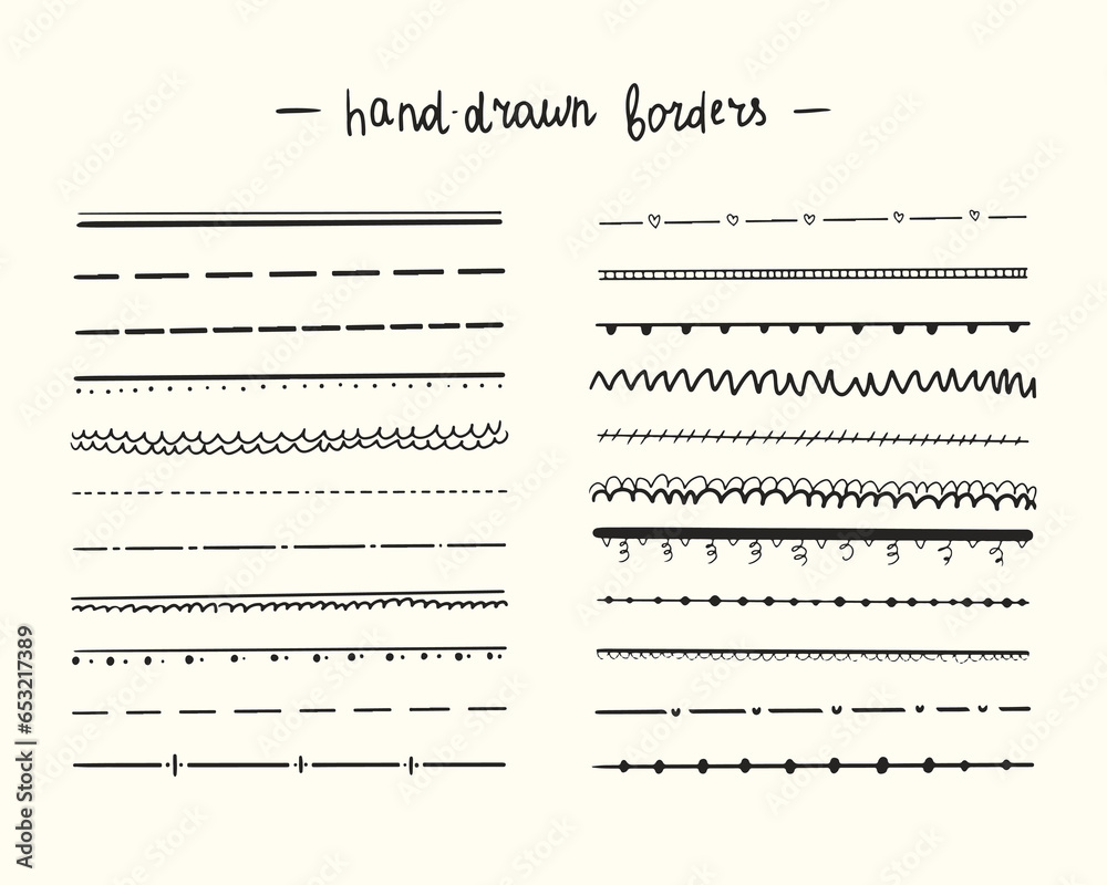 Hand drawn borders and dividing lines set. Sketch doodle style. Simple text divider elements ...