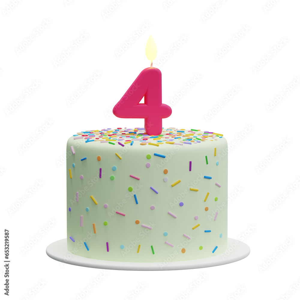 Cartoon cake with a candle in the shape of the number 4. Fourth ...