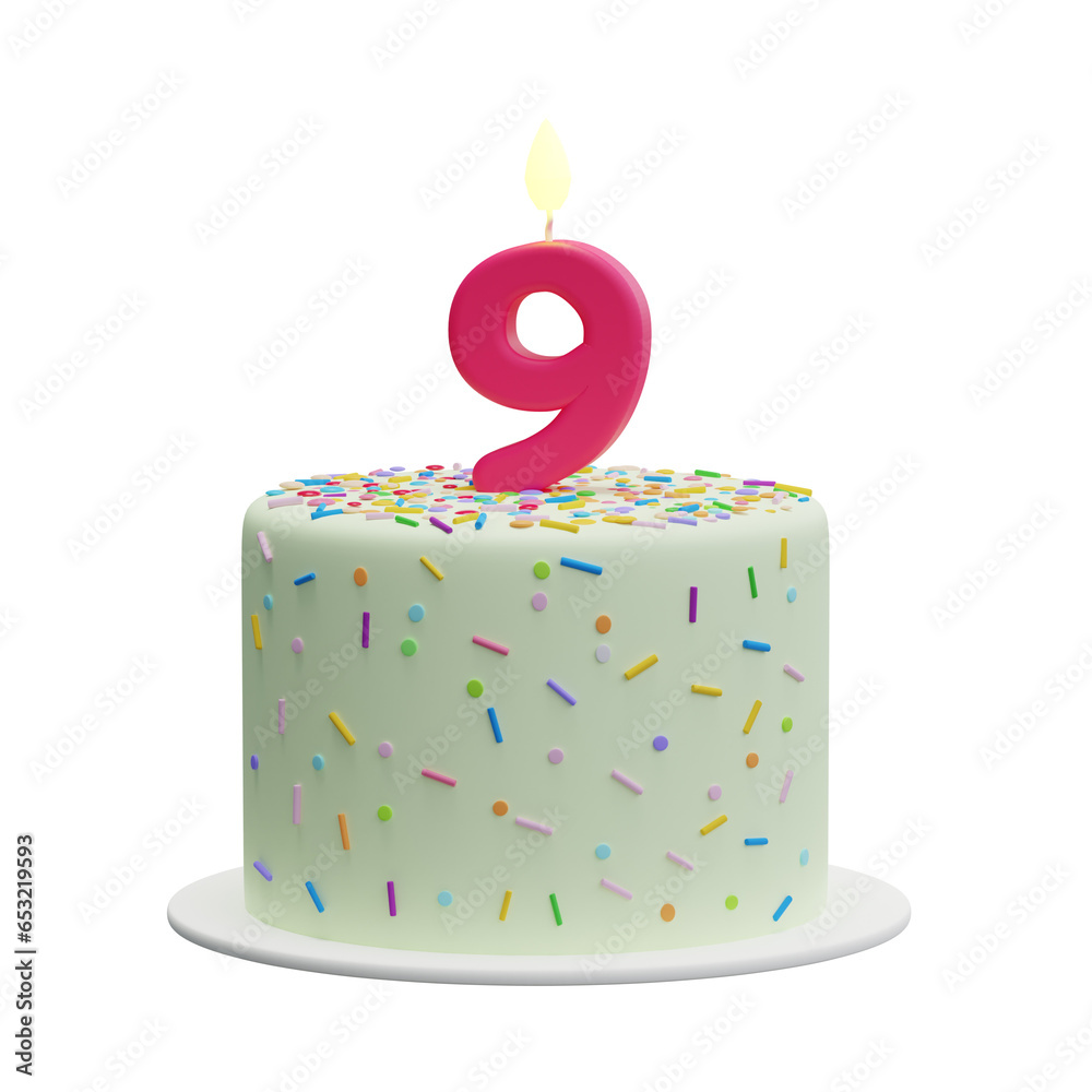 Cartoon cake with a candle in the shape of the number 9. Ninth birthday ...