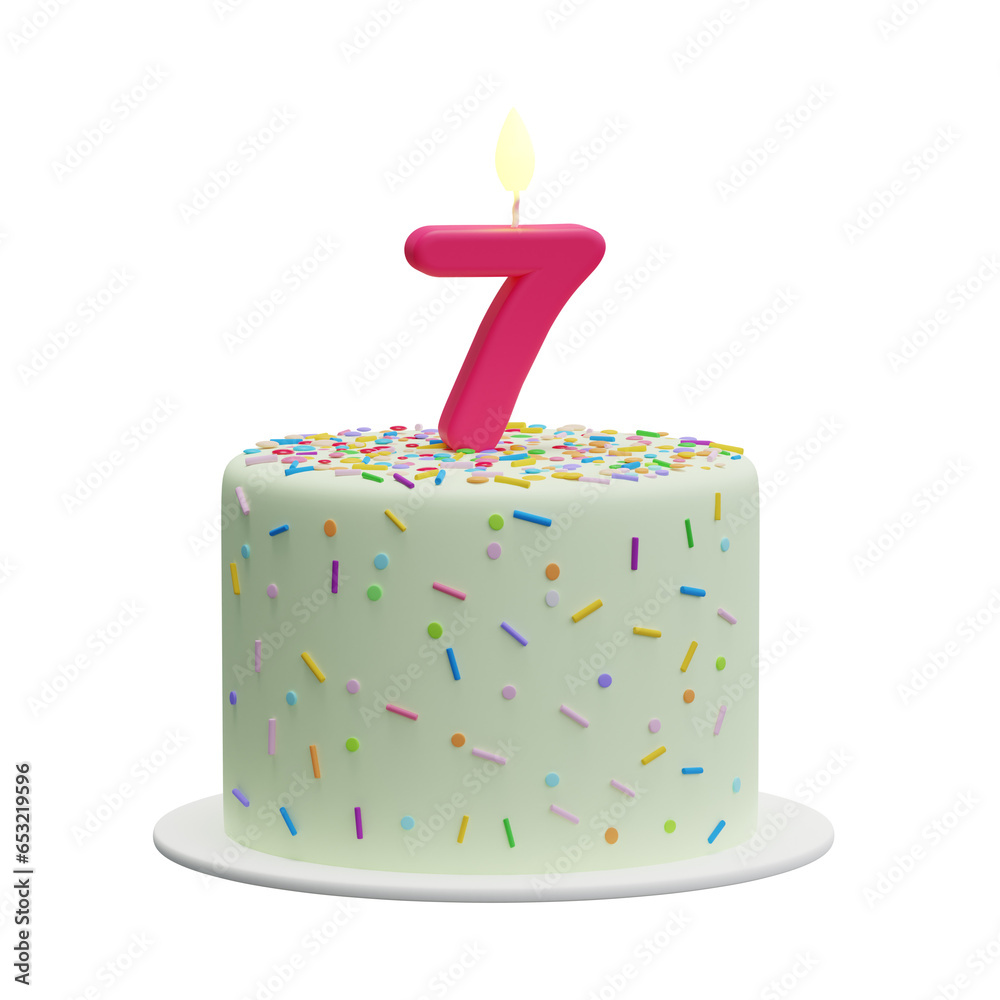 Cartoon cake with a candle in the shape of the number 7. Seventh ...