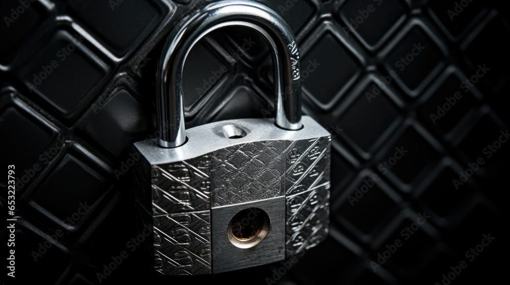 Close-up of a silver padlock with intricate details and sharp shadows ...
