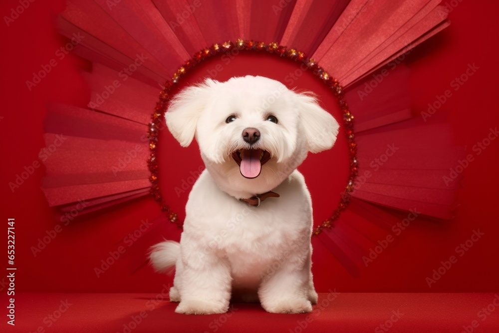 Conceptual portrait photography of a smiling bichon frise wearing a ...