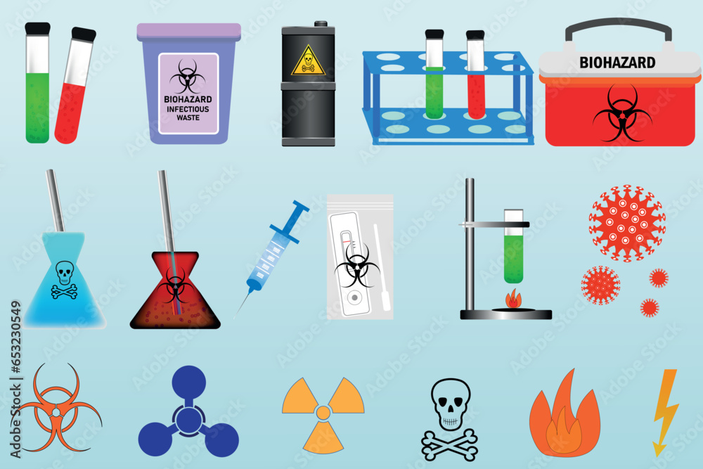 Biohazard set.Set of vector medical chemical laboratory products in ...