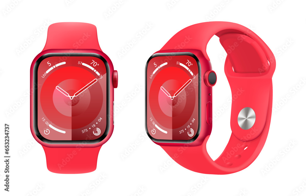Red Apple Watch Series 9 device with Red Sport Band, on white ...