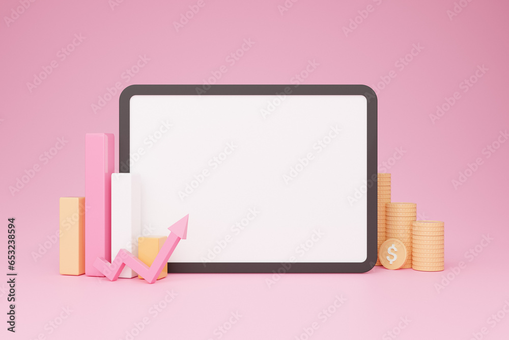 Tablet with empty display, charts for stock exchanges, money cash Stock ...