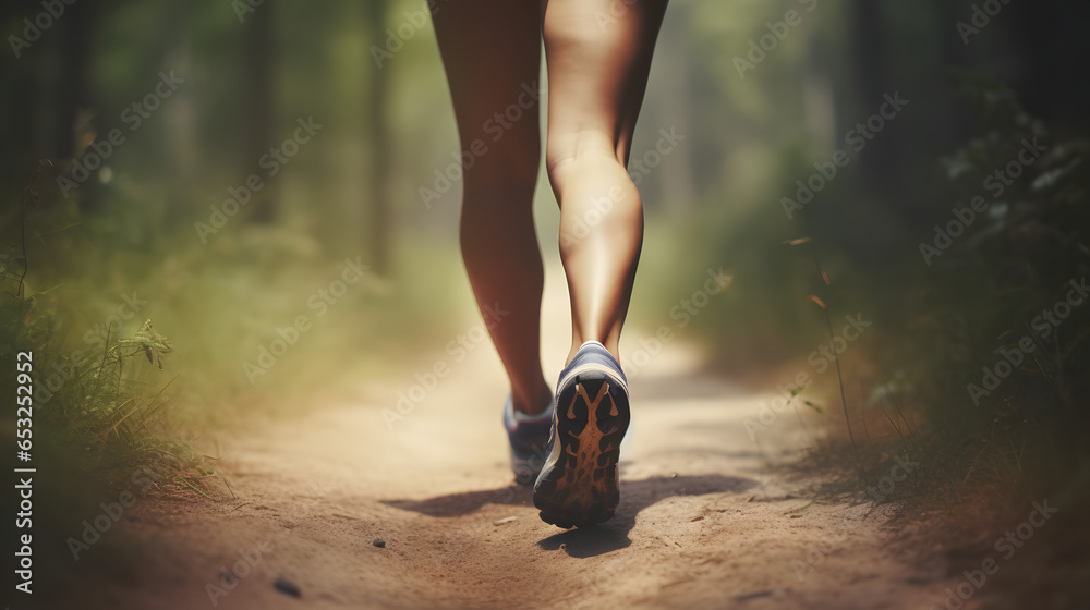 A close-up shot captures the determined stride of a female jogger's ...
