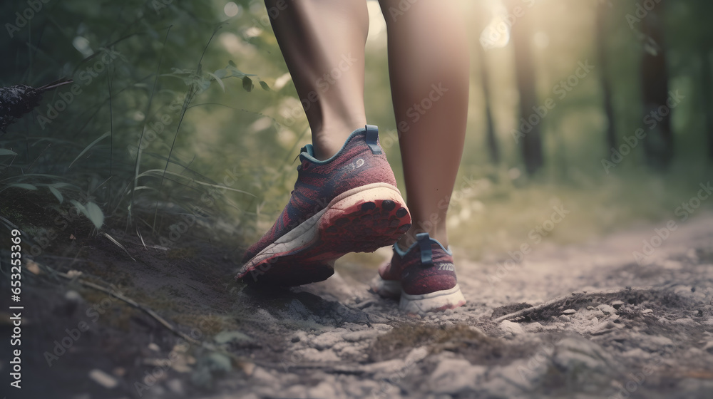 A close-up shot captures the determined stride of a female jogger's ...
