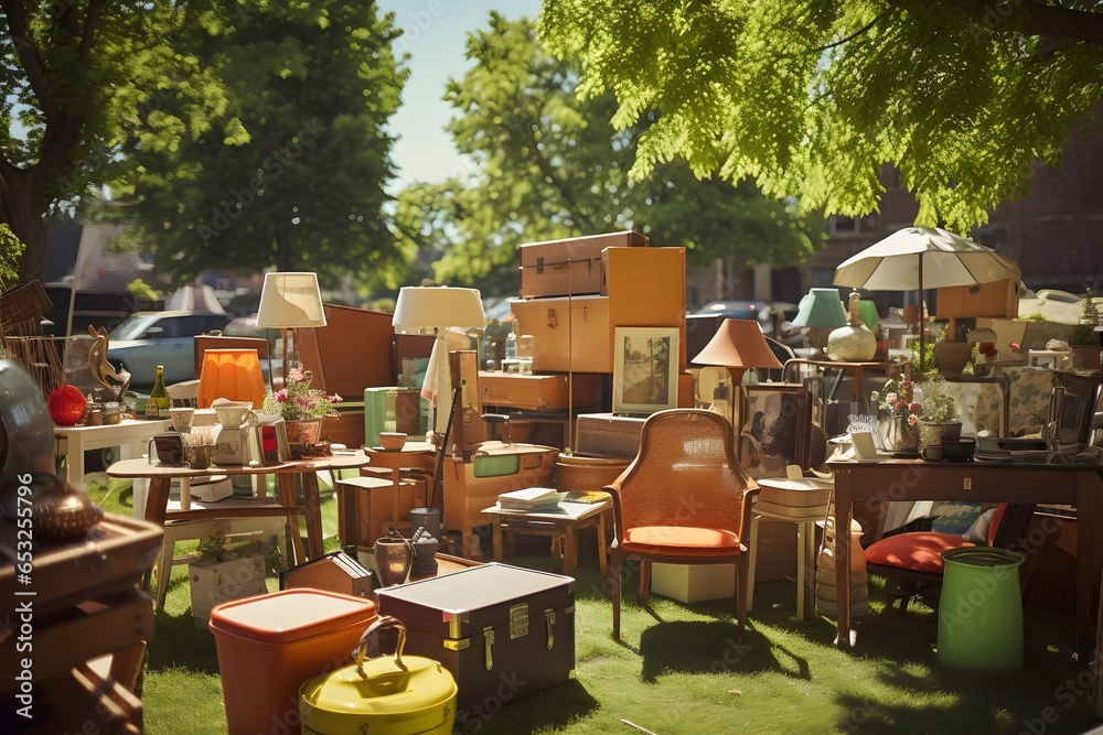 Cardboard boxes with used stuff for sale at the flea market,garage sale ...