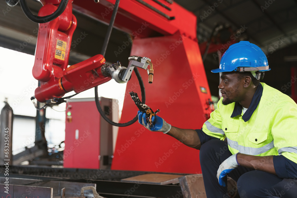 Industrial Robotic Arms. Automated manufacturing industries. Male ...