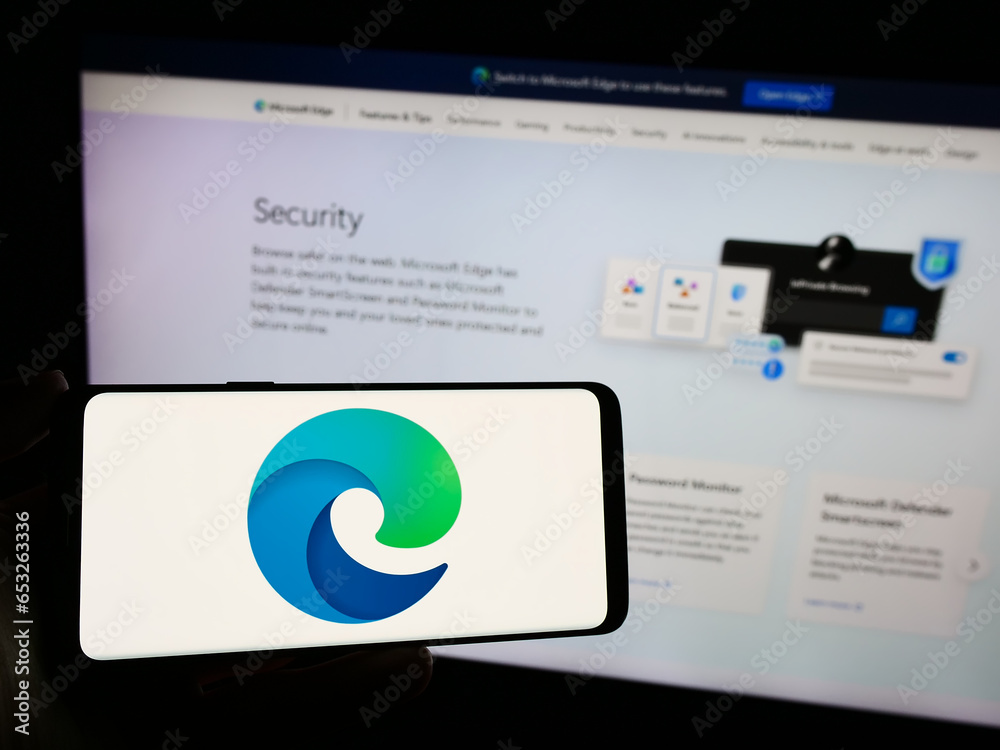 Stuttgart, Germany - 09-21-2023: Person holding smartphone with logo of web browser Microsoft ...