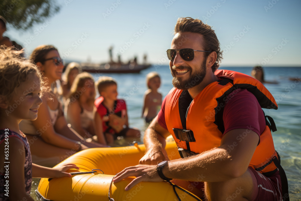 Lifeguard teaching a group of beachgoers how to use a life jacket ...