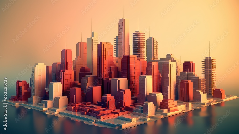 3d voxel city landscape illustration render modern, futuristic view ...
