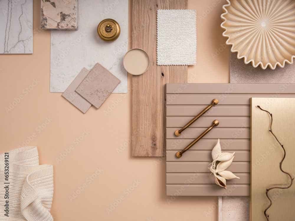 Classic flat lay composition in beige and gray color palette with ...