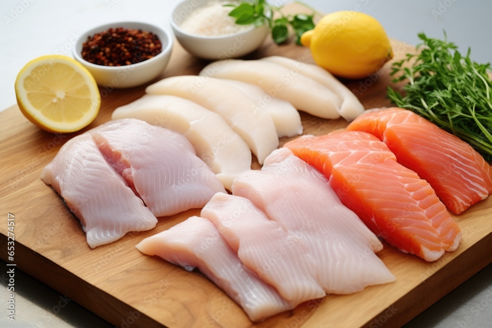 variety of fish fillets representing omega-3 fatty acids Stock Photo ...
