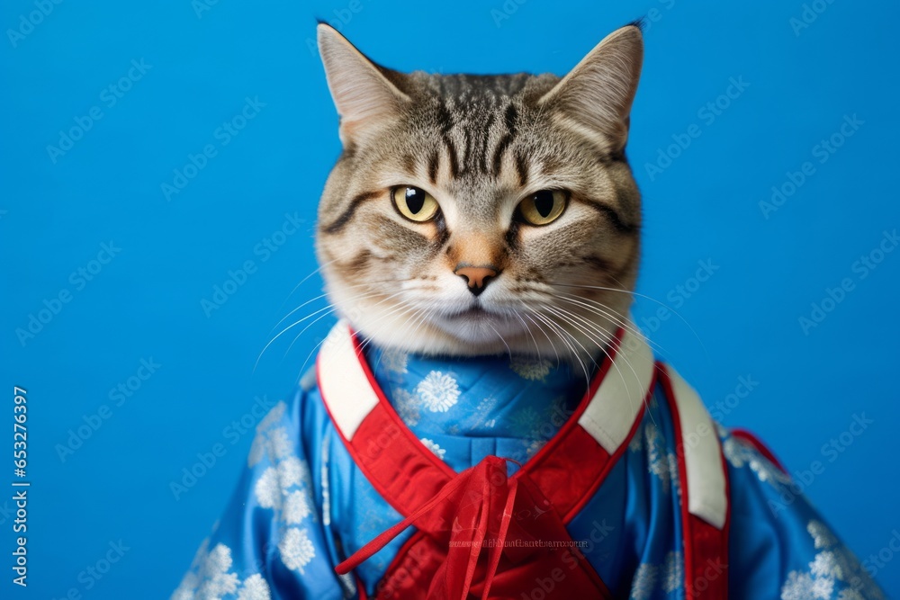 happy american bobtail cat wearing a samurai costume in front of ...