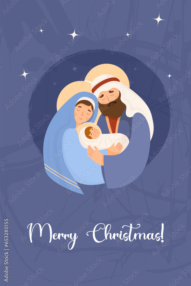 Merry Christmas card. Holy Family. Virgin Mary, saint Joseph and baby ...