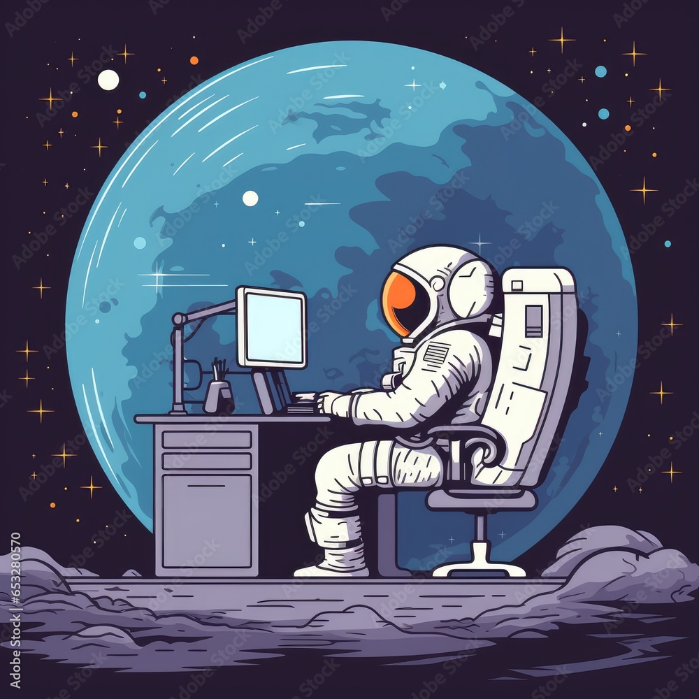 Cartoon illustration of an astronaut working in front of a computer, AI ...
