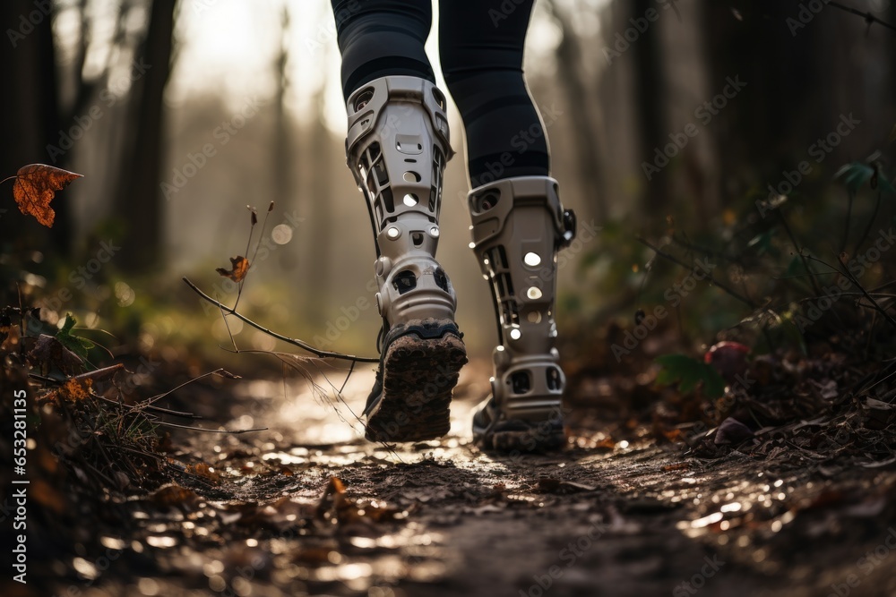 Person on prosthetic limbs, rehabilitation, body part replacement ...