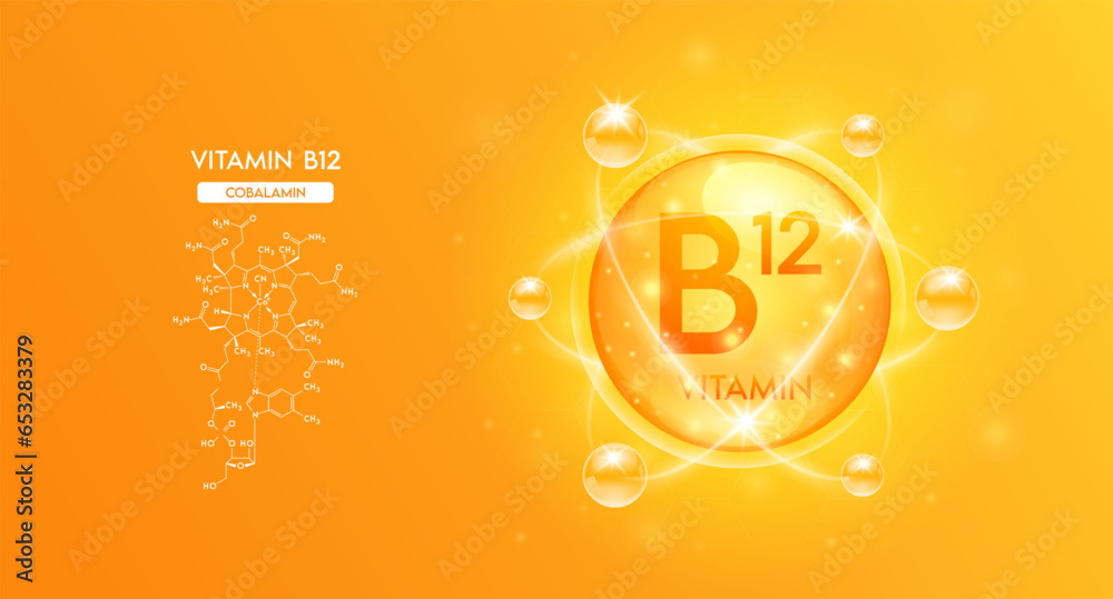 Vitamin B12 with structure chemical formula. Bubble collagen serum ...