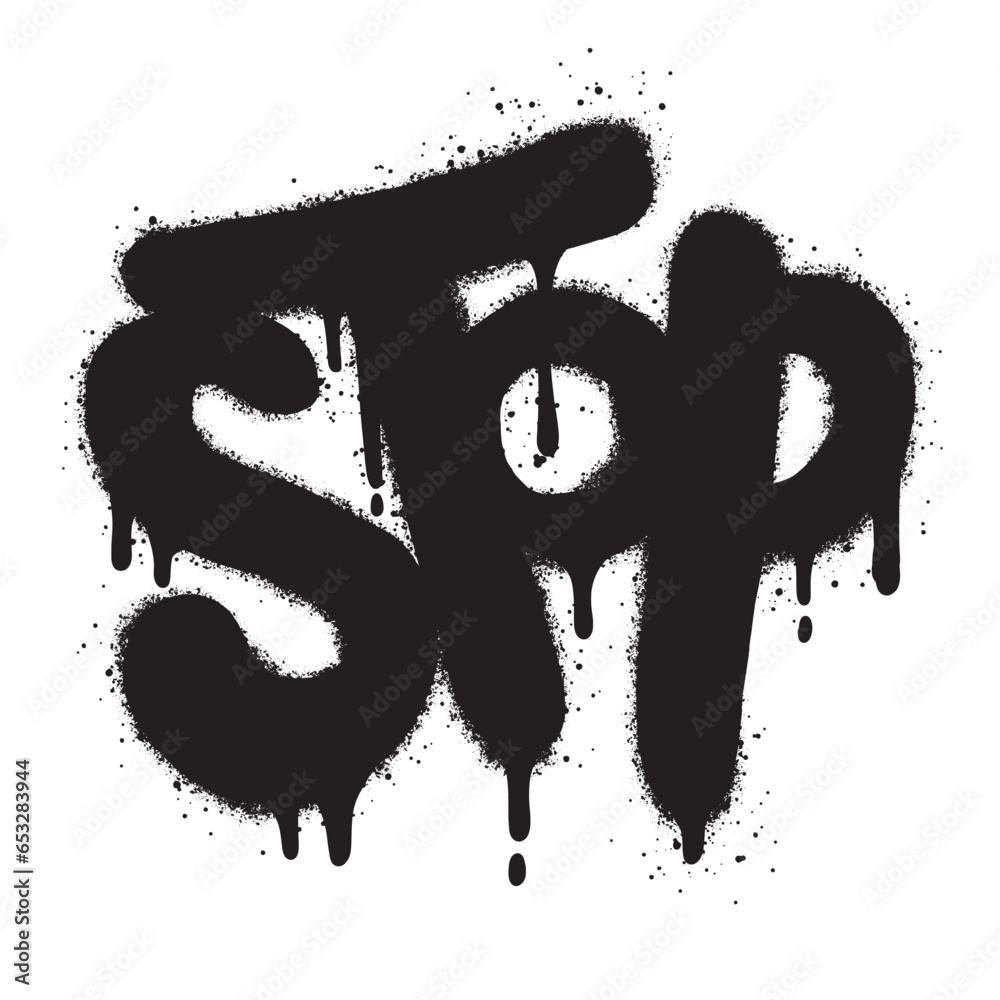 Sprayed stop font graffiti with over spray in black over white.Vector ...