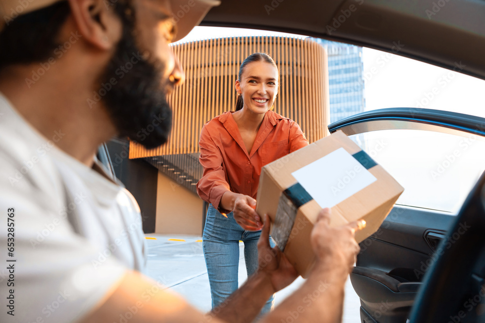 Courier Man Handing Delivered Parcel Box To Client From Car Stock Photo ...